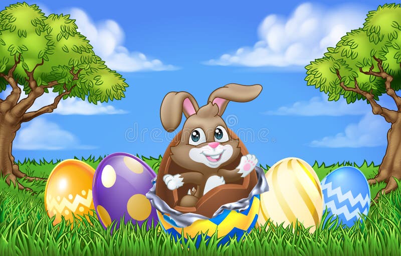 Easter Bunny Rabbit Breaking Chocolate Egg Scene Stock Vector ...