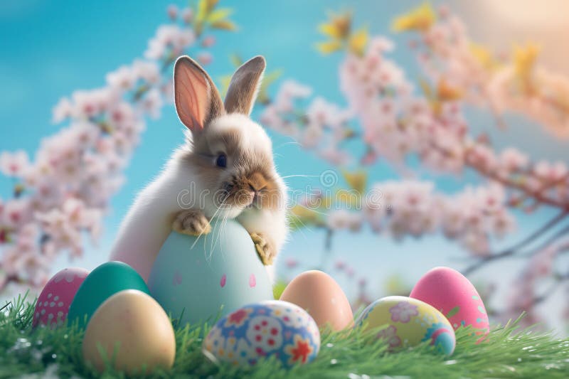 Easter Bunny Rabbit and Colourful Easter Eggs in the Nest on Green ...