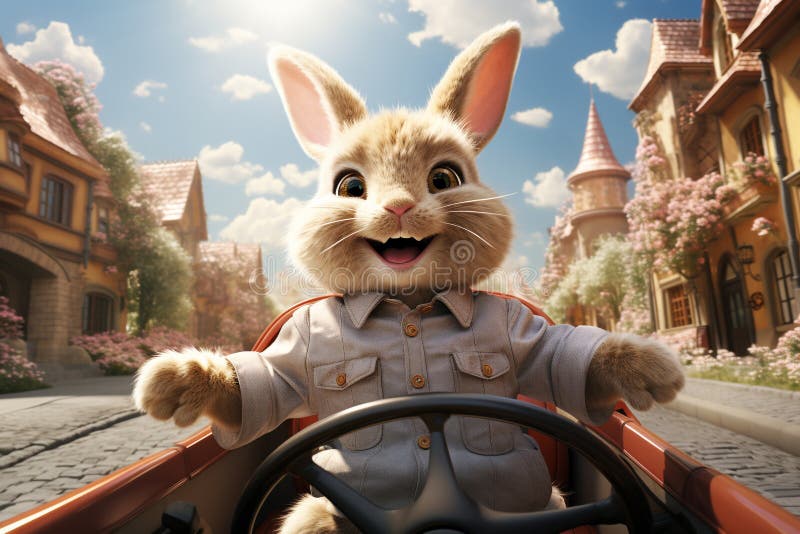 Easter Bunny or Rabbit with Driving a Car through Town, Holiday in ...