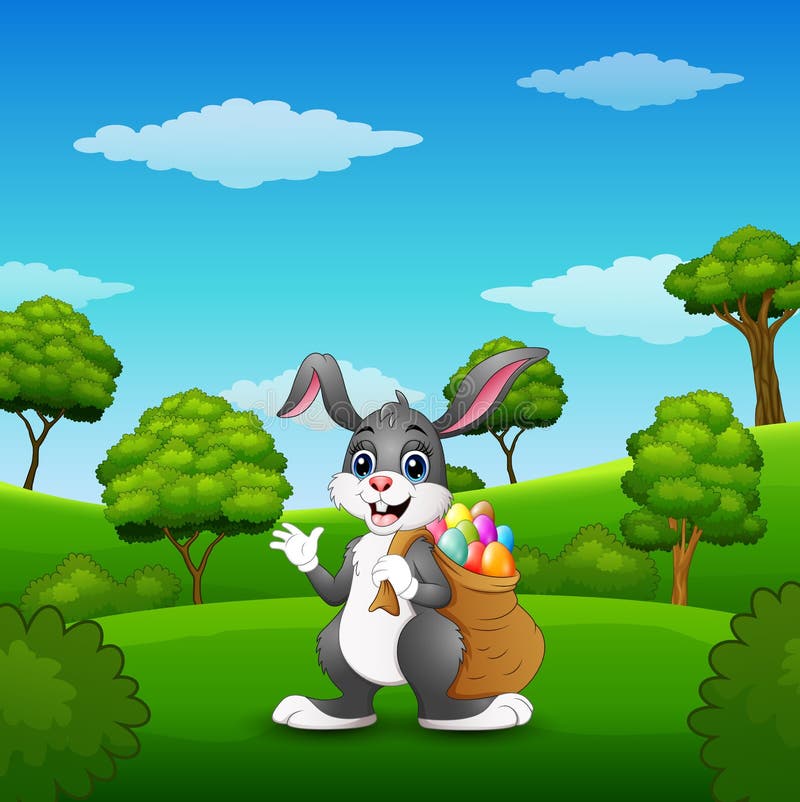 Easter Bunny Rabbit with Easter Eggs a Sack of Full in the Park Stock ...