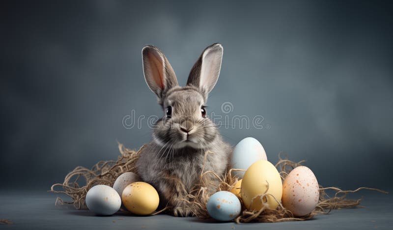 Easter Bunny Rabbit with Egg on Gray Background Stock Illustration ...
