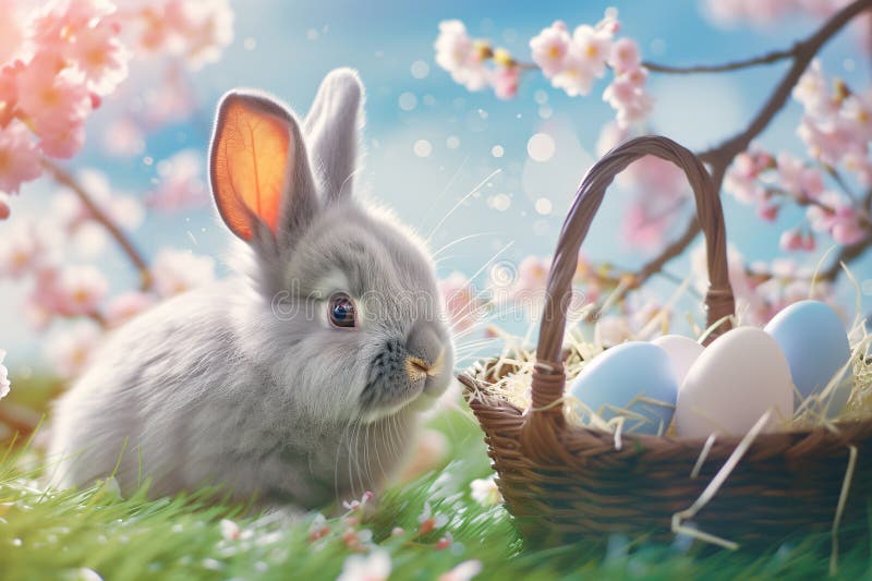 Easter Bunny Rabbit and Easter Eggs in the Basket on Green Grass Field ...