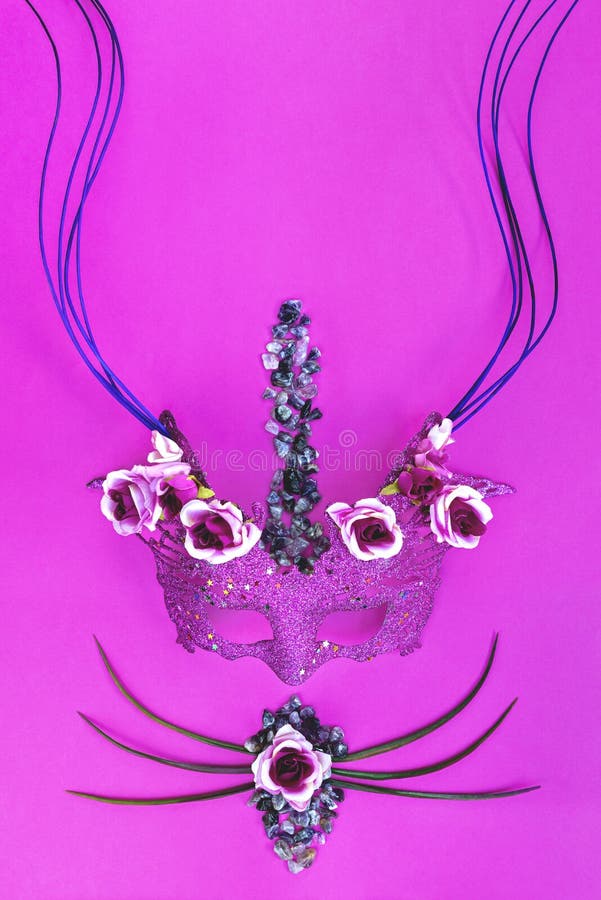Easter Bunny Rabbit Face Made with Mask, Flowers and Gemstones on Pink ...