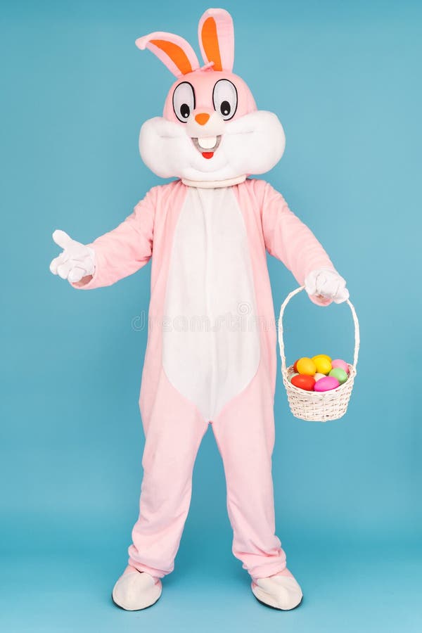 Easter Bunny or Rabbit or Hare with Basket of Colored Eggs, Having Fun ...