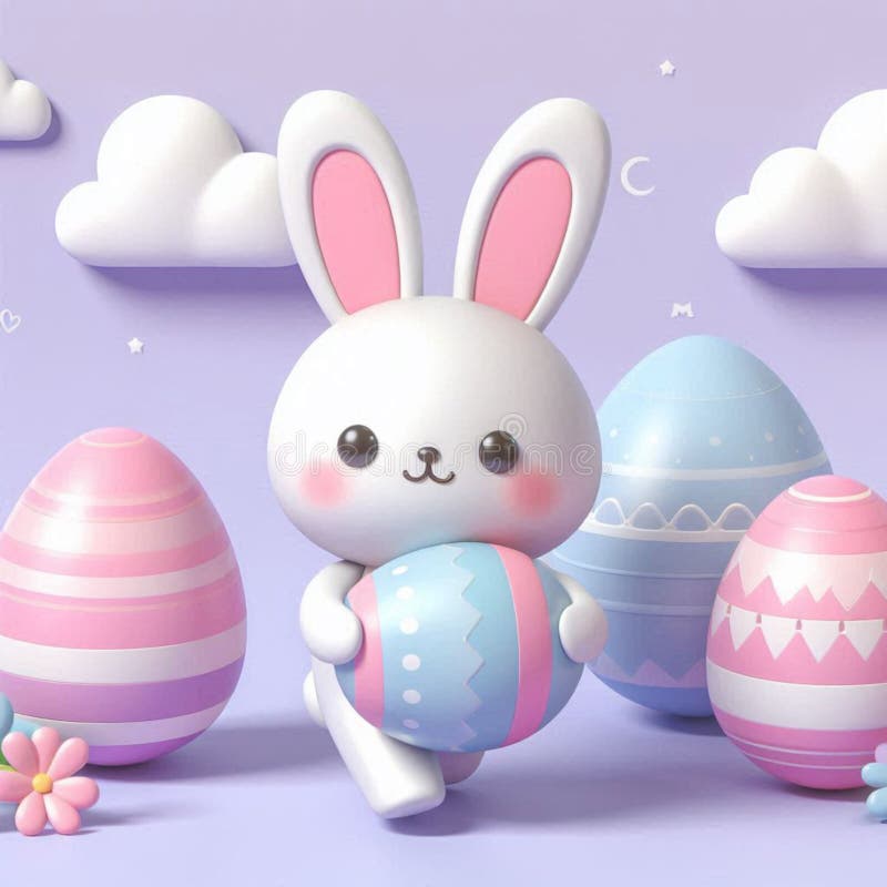 Easter Bunny Rabbit Holding Easter Egg on White Background, Pastel ...