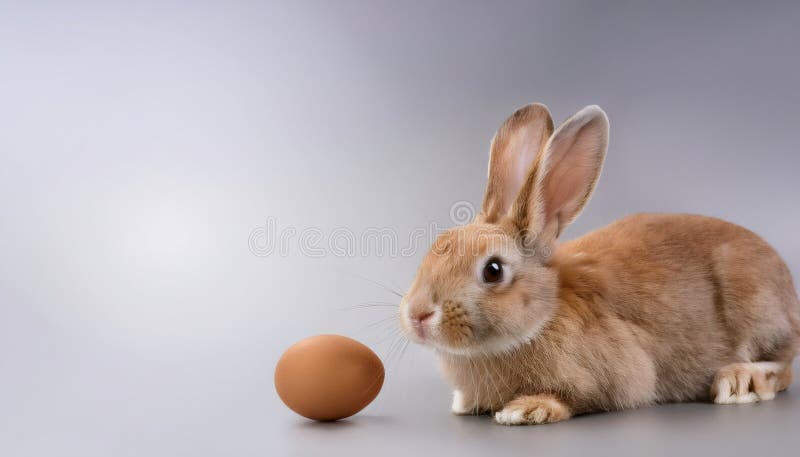 Easter Bunny Rabbit Lying Down Next To an Egg on Gray Background for ...
