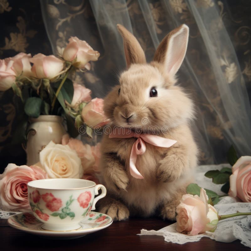 Easter Bunny Rabbit with Roses and Tea Cup. Stock Photo - Image of ...