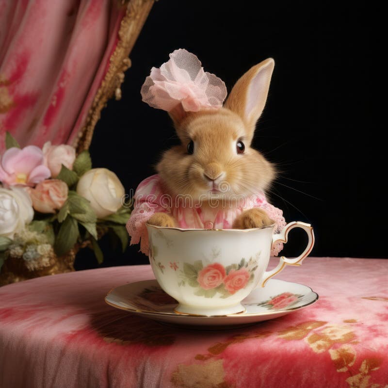Easter Bunny Rabbit with Roses and Tea Cup. Stock Image - Image of ...