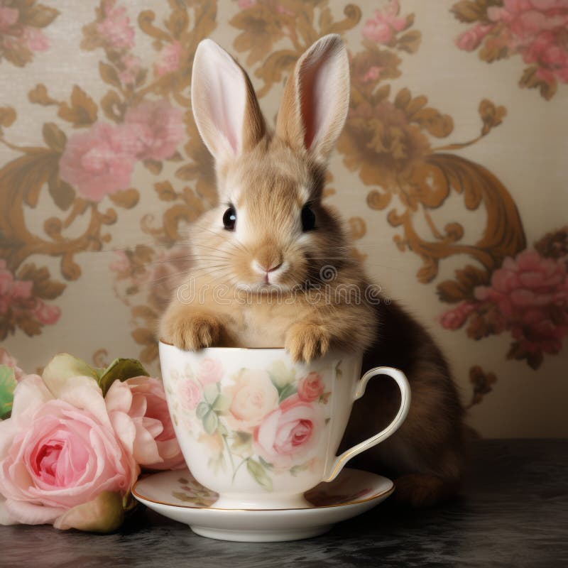 Easter Bunny Rabbit with Roses and Tea Cup. Stock Image - Image of ...