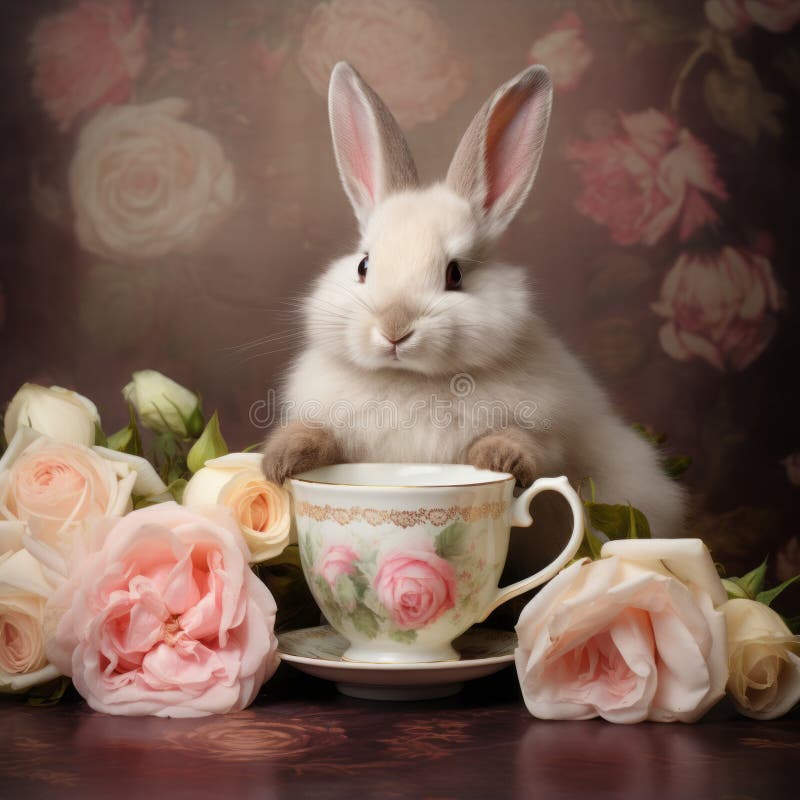 Easter Bunny Rabbit with Roses and Tea Cup. Stock Image - Image of ...