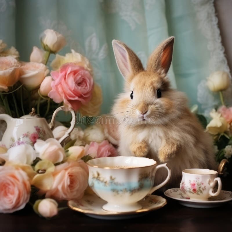 Easter Bunny Rabbit with Roses and Tea Cup. Stock Image - Image of ...