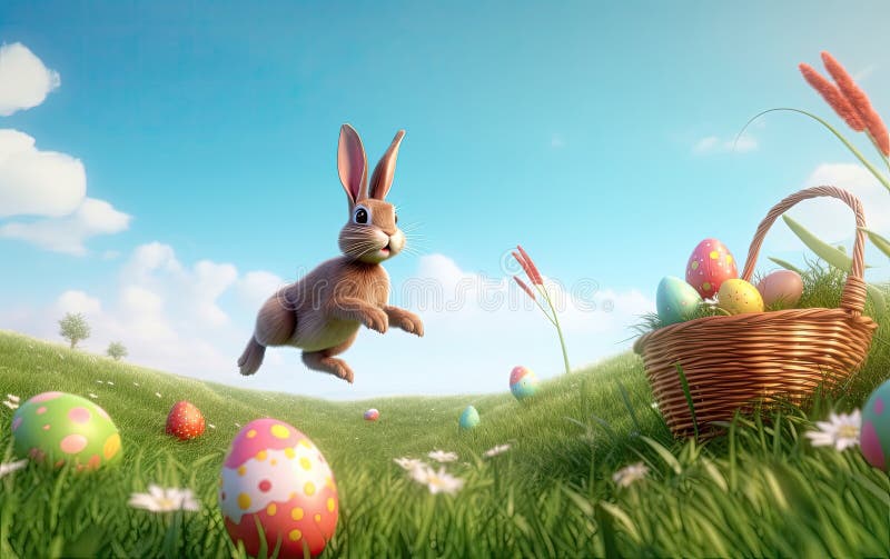 Easter Bunny Rabbit Running in a Green Field with Eggs on a Sunny Day ...
