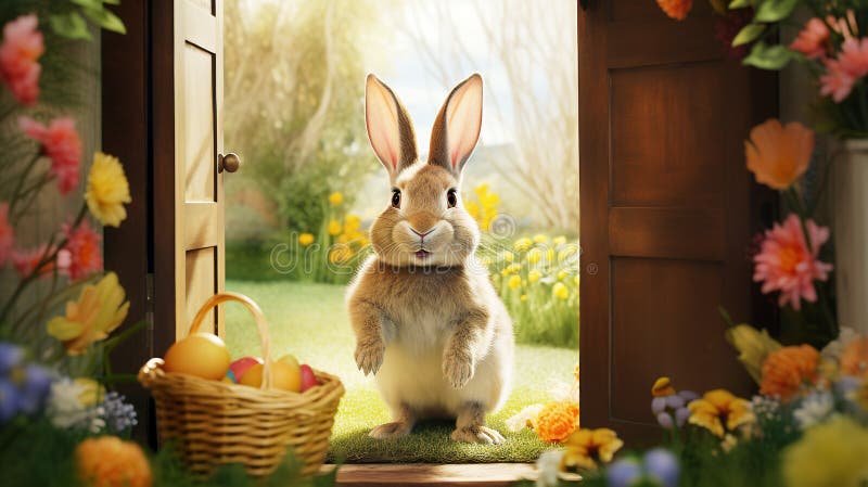Easter Bunny Rabbit Standing in Front of Open Wooden Doors Stock ...