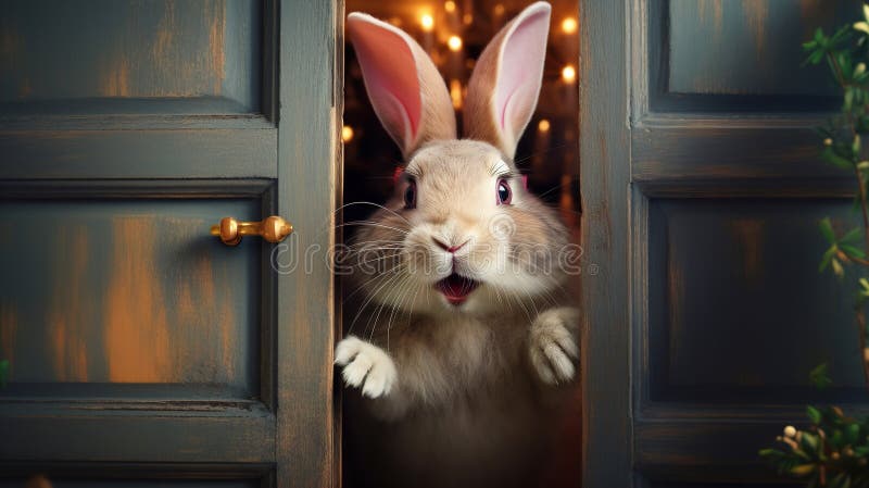 Easter Bunny Rabbit Standing in Front of Open Wooden Doors Stock ...