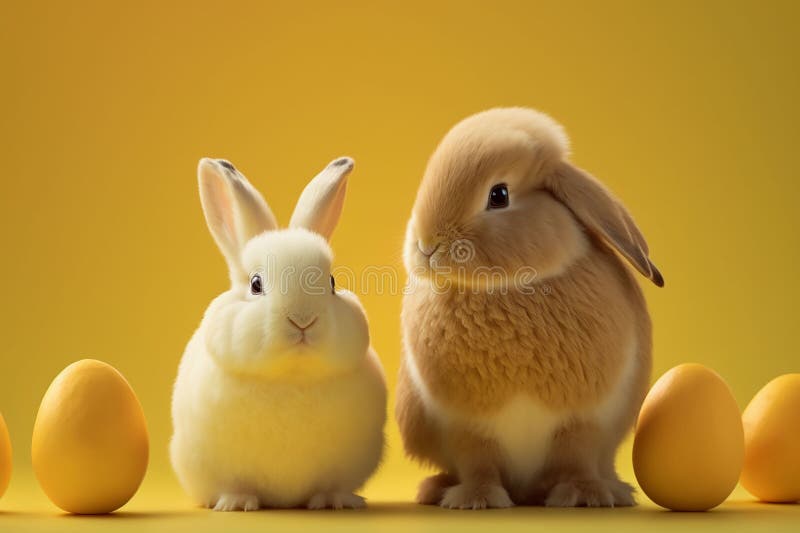 Easter Bunny Rabbit with Yellow Painted Egg on Yellow Background Stock ...