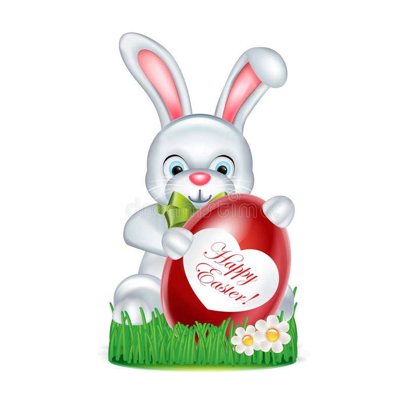 Easter Bunny with Red Egg Standing on Green Grass with Happy Easter ...