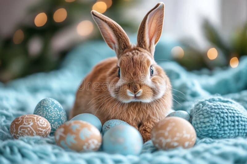 Easter Bunny Relaxing with Decorated Eggs on Cozy Blanket Editorial ...