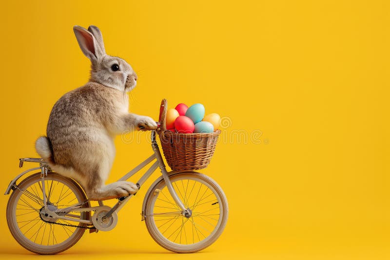 Easter Bunny Riding a Bike with Easter Eggs into a Basket, on Yellow ...