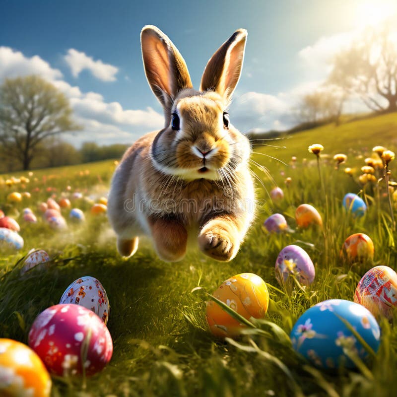 Easter Bunny Run in the Field with Easter Eggs, Made with Generative Ai ...