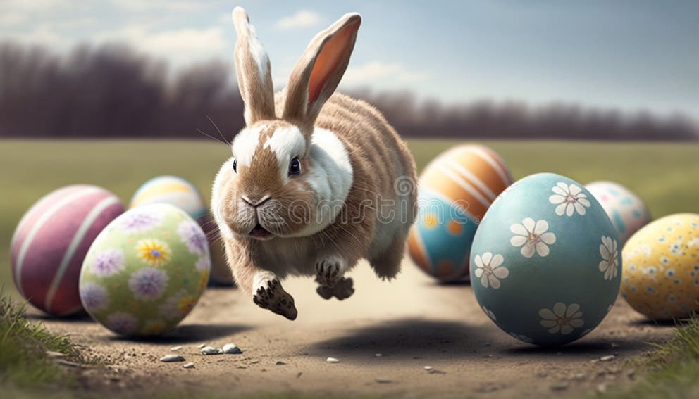 Easter Bunny Running through Easter Eggs Stock Illustration ...