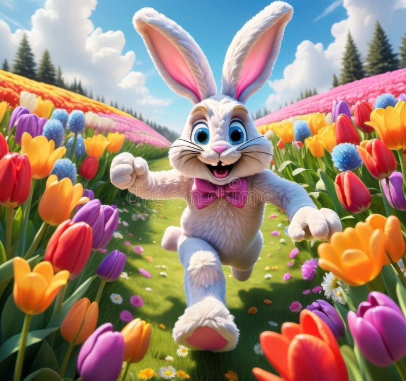 Easter Bunny Running through a Field of Flowers Stock Illustration - Illustration of adorable ...