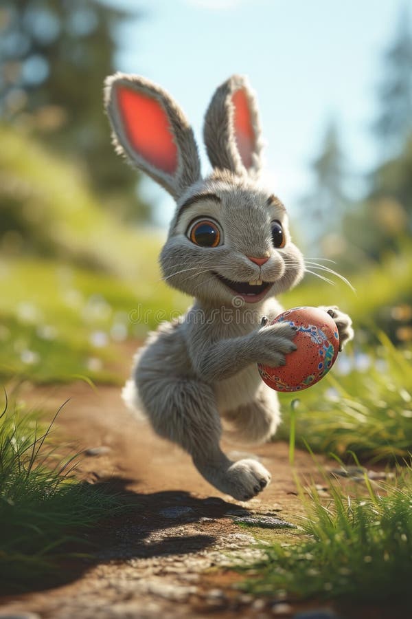 Easter Bunny Running Holding Easter Egg in Its Hands Stock Illustration ...