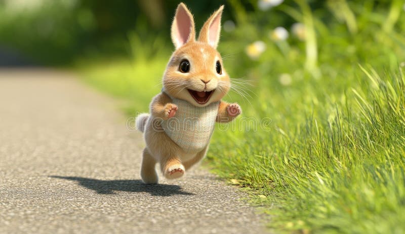 The Easter Bunny Runs through a Green Meadow. Cute Rabbit in a Grass ...