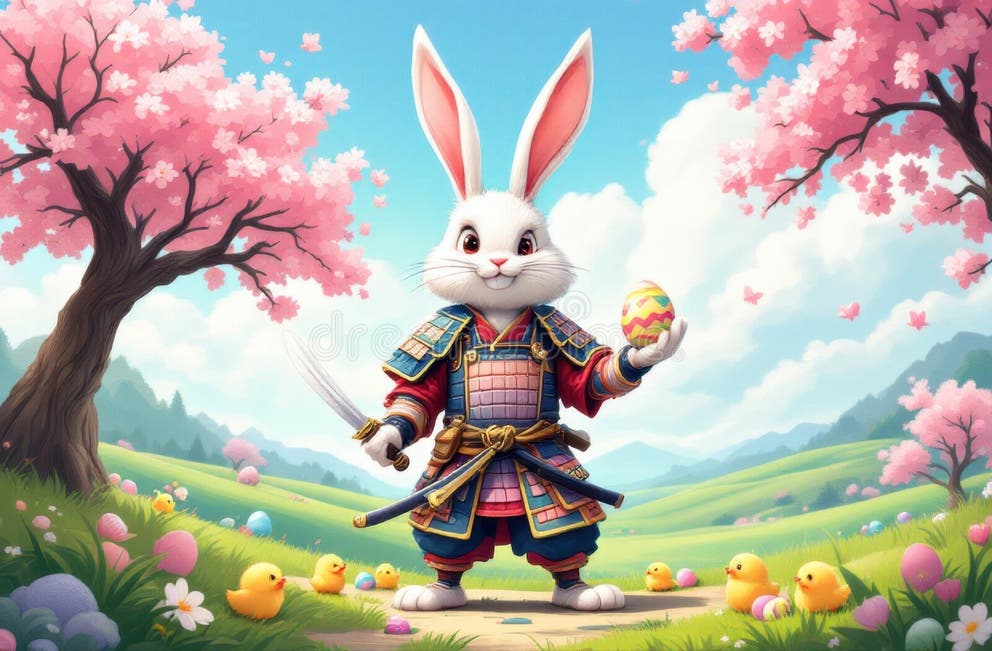 An Easter Bunny Scene of a Samurai at Spring Stock Illustration ...