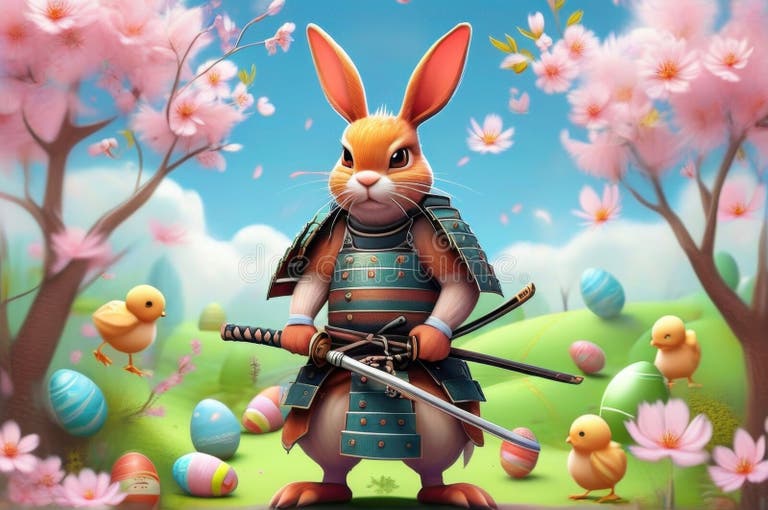 An Easter Bunny Scene of a Samurai at Spring Stock Illustration ...