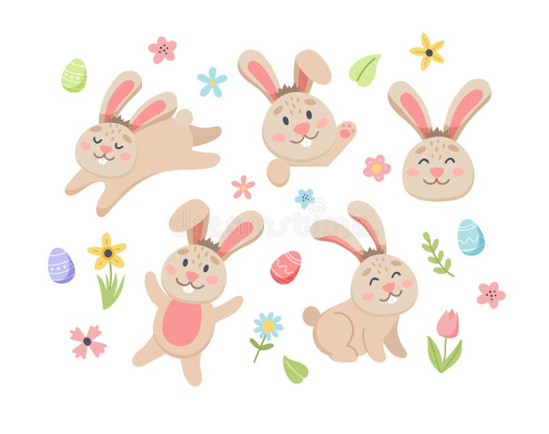 Easter Bunny Set with Cute Flowers and Eggs. Hand Drawn Flat Cartoon ...
