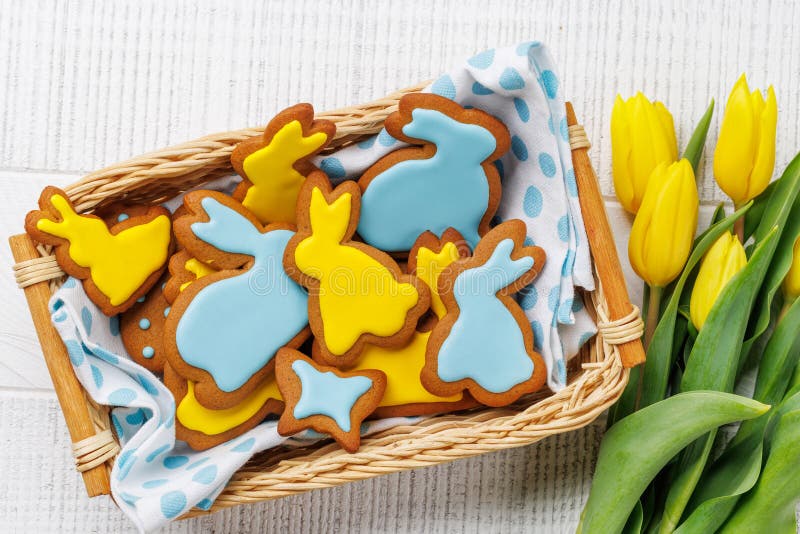 Easter Bunny-Shaped Gingerbread Cookies, Yellow Tulips Stock Image ...