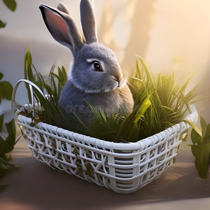 Easter Bunny Sits in a Basket Stock Illustration - Illustration of ...
