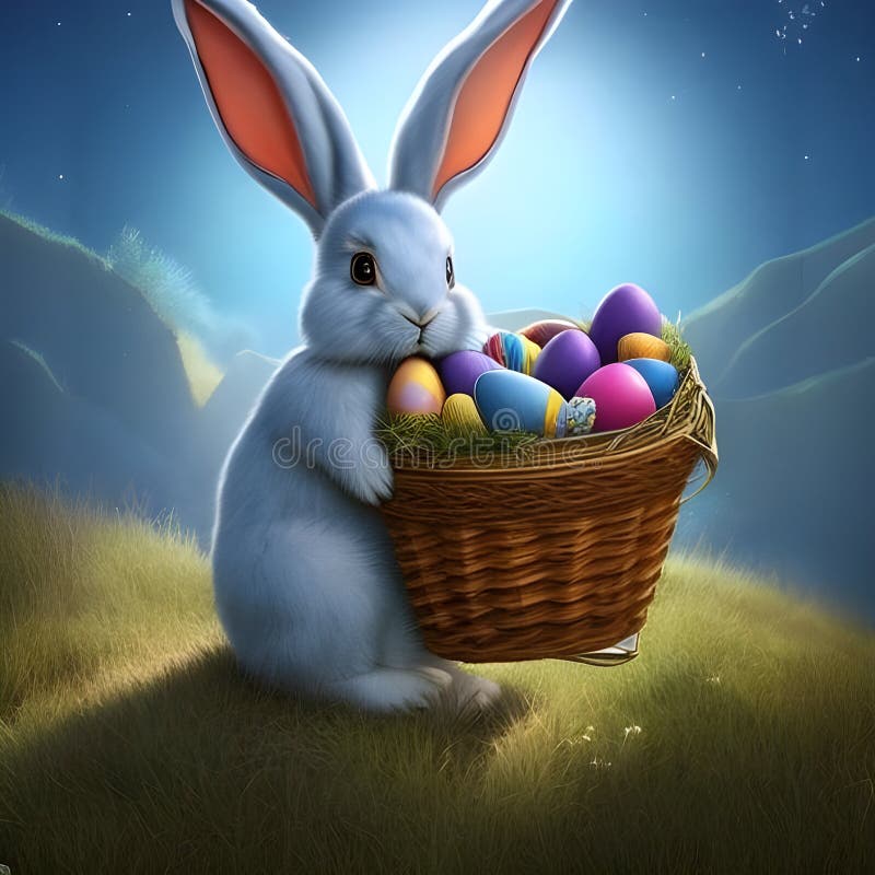 Easter Bunny Sits with Basket with Eggs Stock Illustration ...
