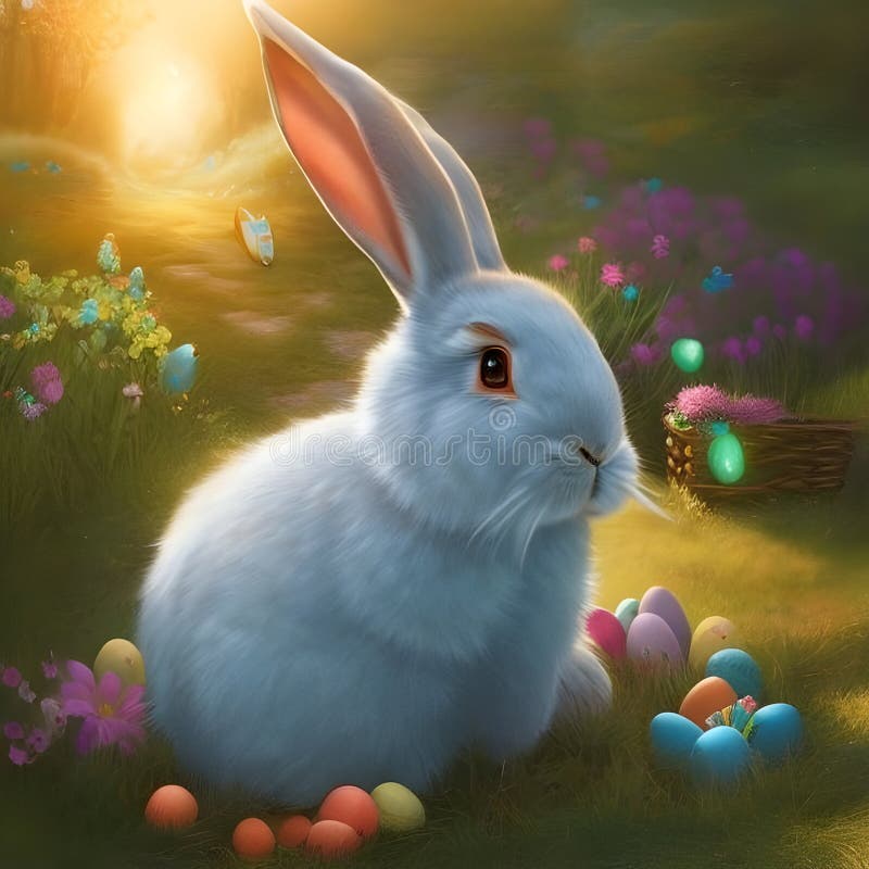 The Easter Bunny Sits in a Beautiful Fantasy Landscape with Eggs Stock ...