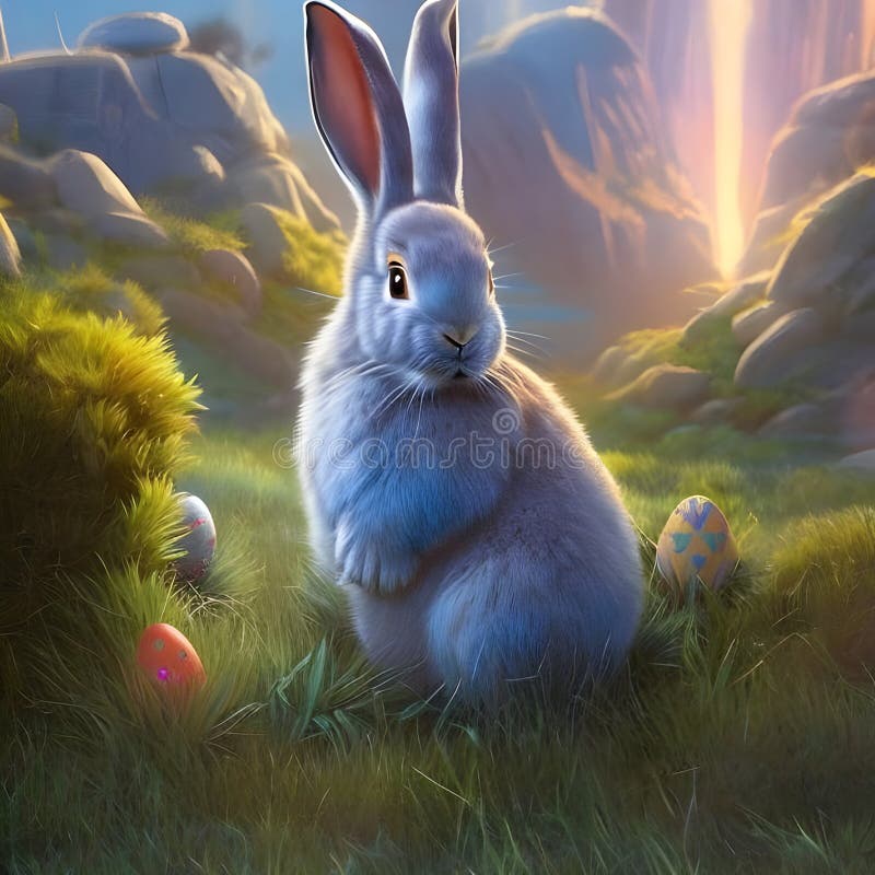 The Easter Bunny Sits in a Beautiful Fantasy Landscape with Eggs Stock ...