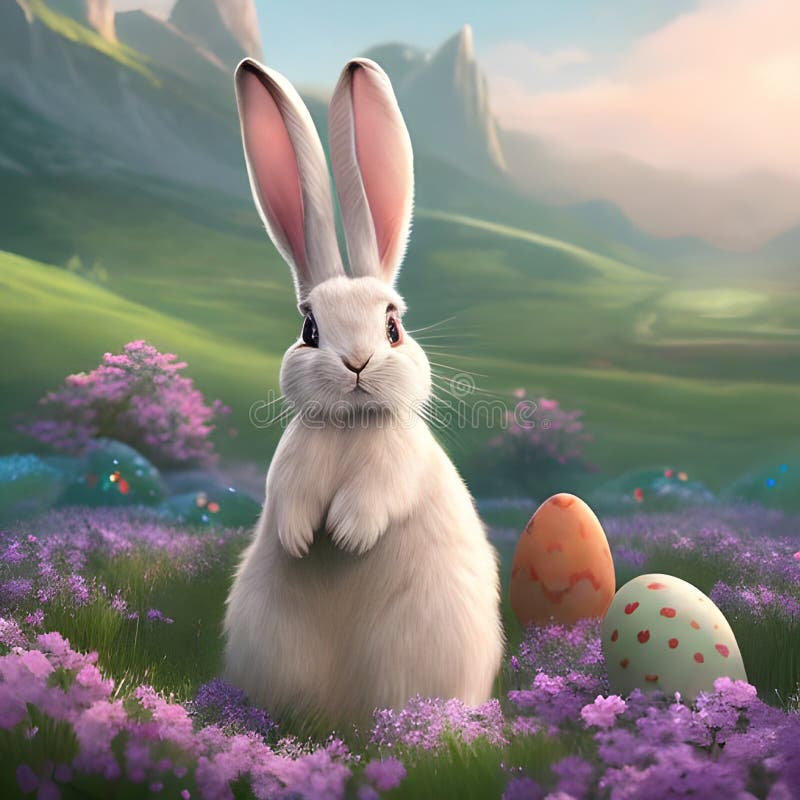The Easter Bunny Sits in a Beautiful Fantasy Landscape with Eggs Stock ...
