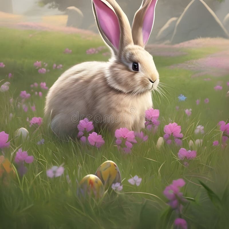 The Easter Bunny Sits in a Beautiful Fantasy Landscape with Eggs Stock ...