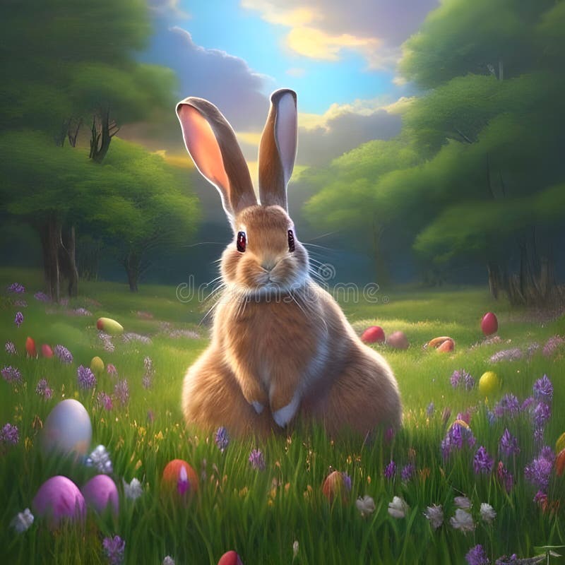 The Easter Bunny Sits in a Beautiful Fantasy Landscape with Eggs Stock ...
