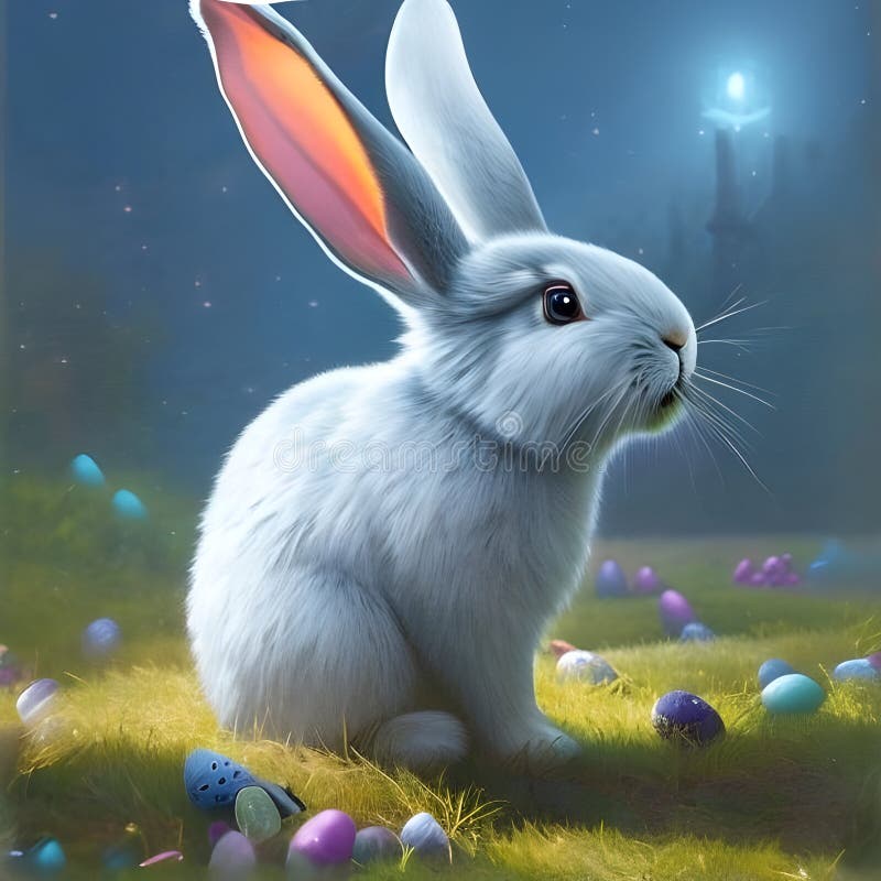 The Easter Bunny Sits in a Beautiful Fantasy Landscape with Eggs. at ...