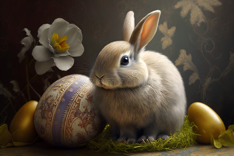 The Easter Bunny Sits in a Flowers with Eggs Stock Photo - Image of ...