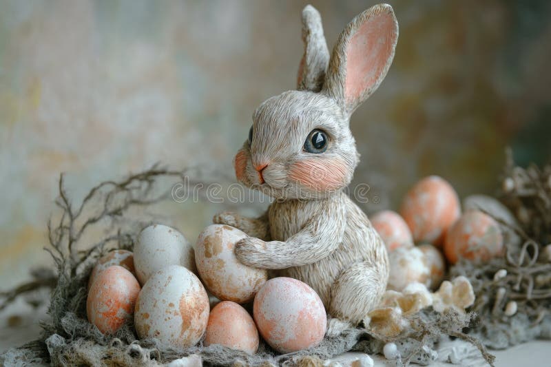 Easter Bunny Sitting in Basket with Colorful Eggs Stock Image - Image ...