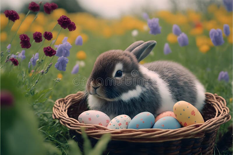 Easter Bunny Sitting in Basket with Colorful Painted Eggs Stock Image ...