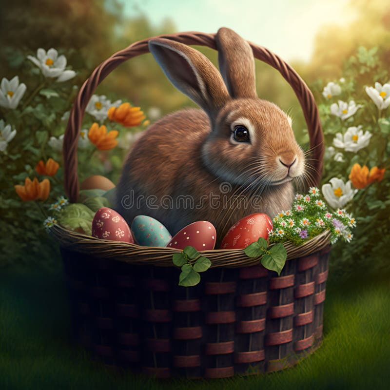 An Easter Bunny Sitting in a Basket of Easter Eggs Outdoors. Created ...