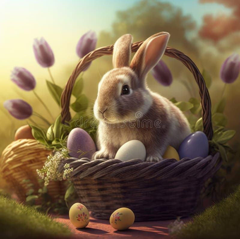 An Easter Bunny Sitting in a Basket of Easter Eggs Outdoors. Created ...