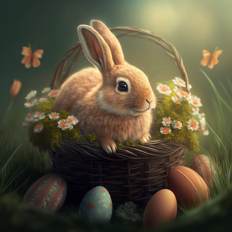 An Easter Bunny Sitting in a Basket of Easter Eggs Outdoors. Created ...