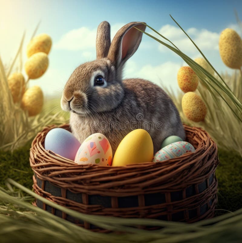 An Easter Bunny Sitting in a Basket of Easter Eggs Outdoors. Created ...