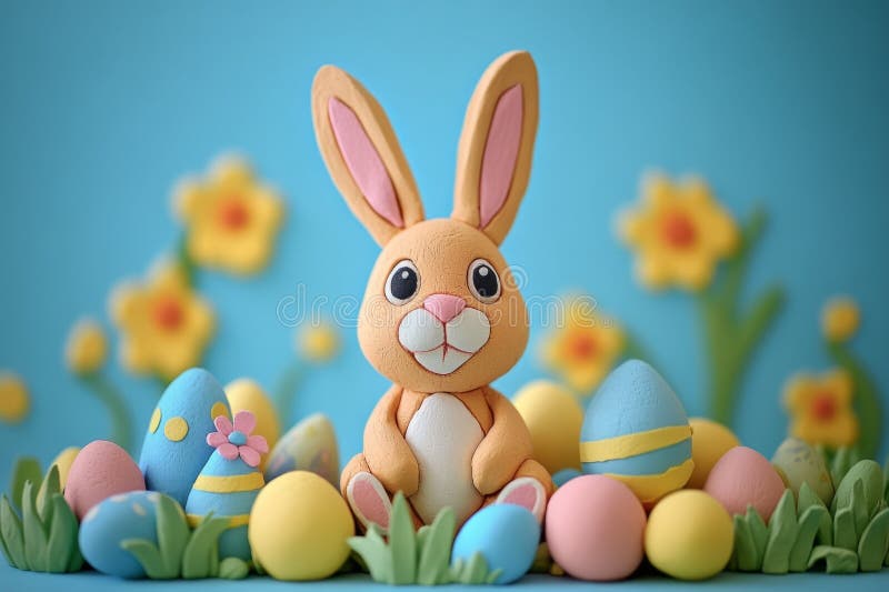 Easter Bunny Sitting among Colorful Eggs and Spring Flowers Stock Photo ...