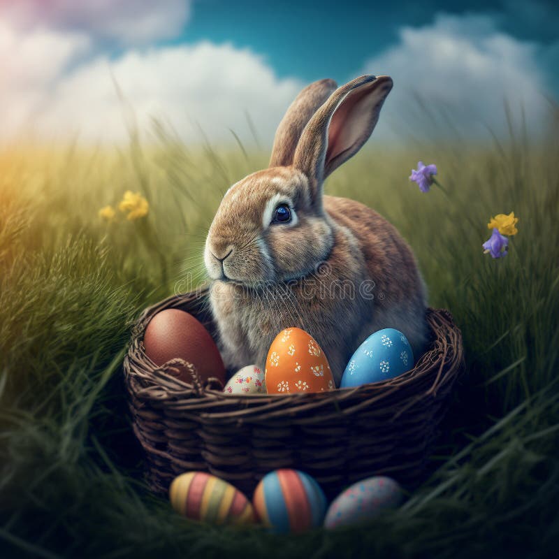 Easter Bunny Sitting in Egg Basket Created with Generative AI ...
