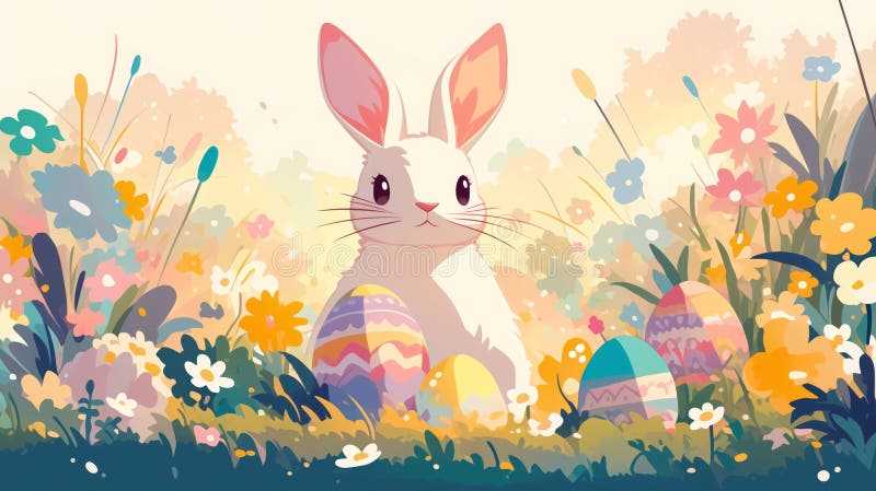 Easter Bunny Sitting in Flower Field with Colorful Easter Eggs ...