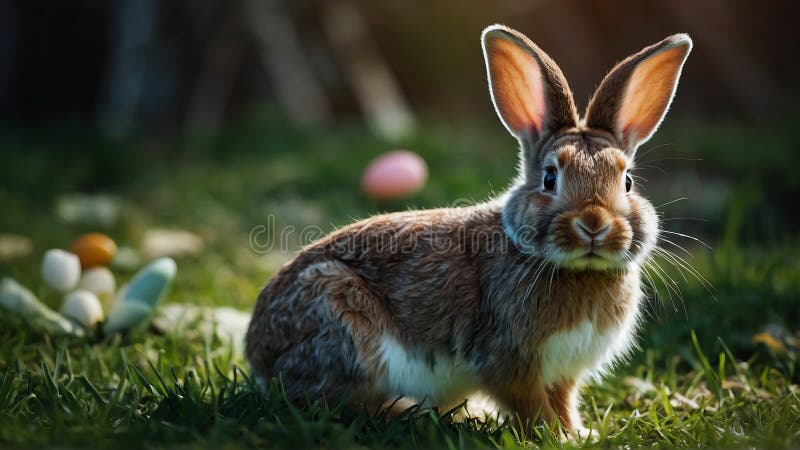 Easter Bunny Sitting on Grass with Colorful Painted Easter Eggs in the ...